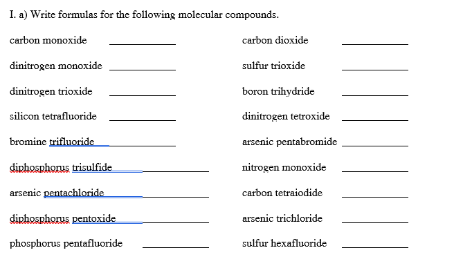 Solved I. a) Write formulas for the following molecular | Chegg.com