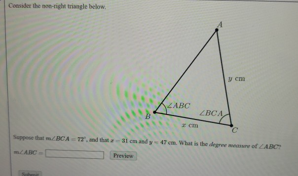Solved Consider the non-right triangle below. y cm LBAC LACB | Chegg.com