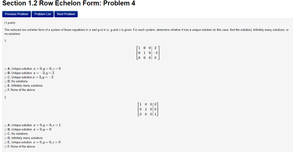 Solved Section 1.2 Row Echelon Form: Problem 4 Previous | Chegg.com