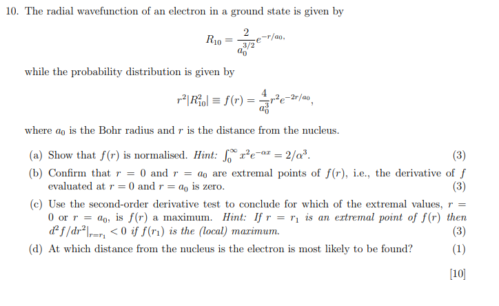 Solved 10. The radial wavefunction of an electron in a | Chegg.com