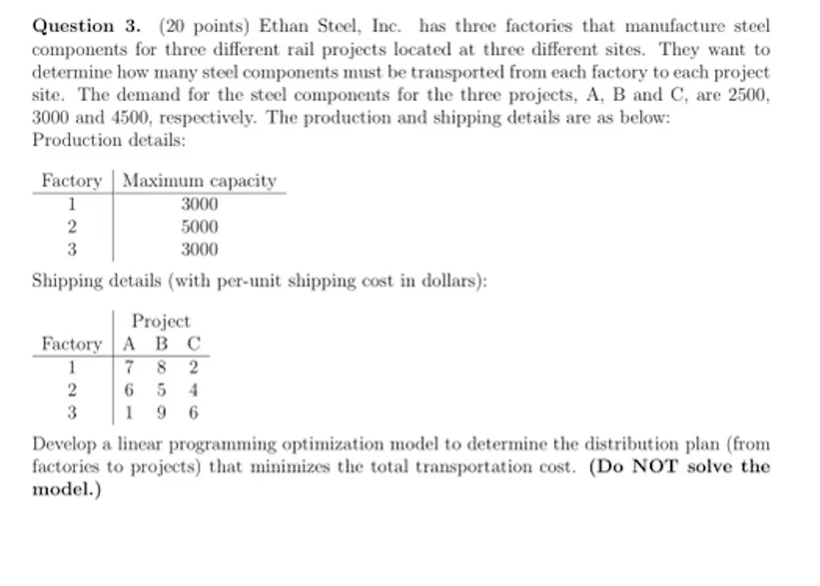 Solved Question 3. (20 points) Ethan Steel, Inc. has three | Chegg.com