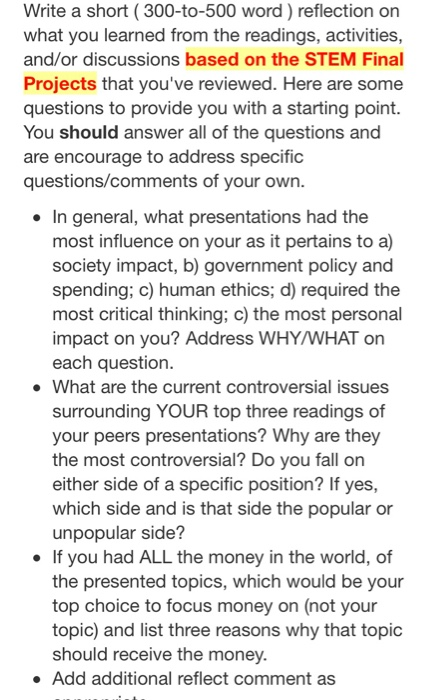 Write a short (300-to-500 word) reflection on what | Chegg.com