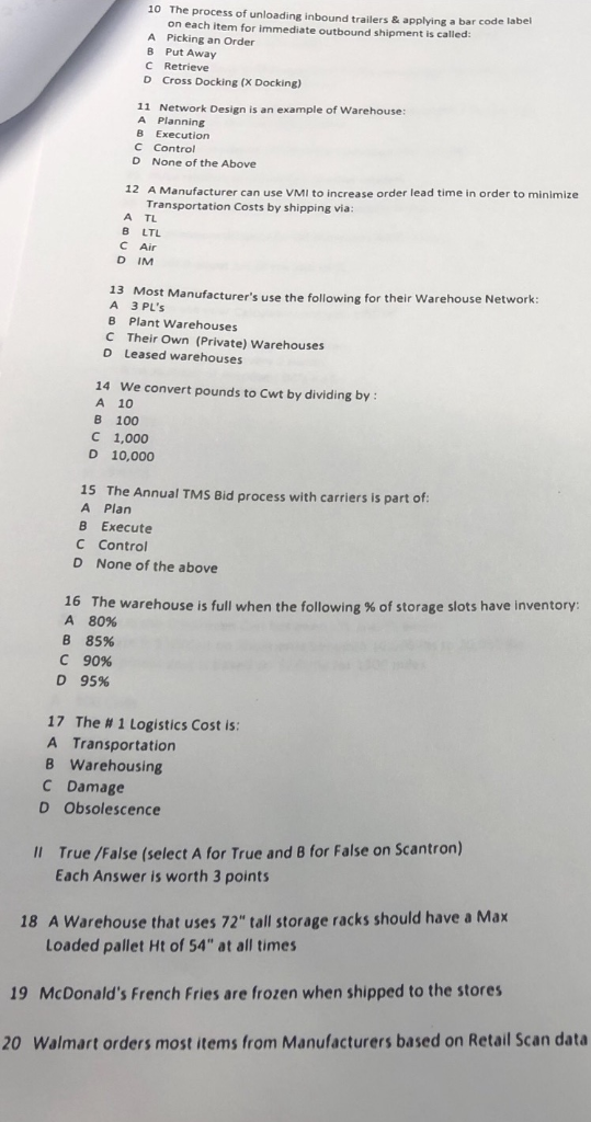 Solved 10 The process of unloading inbound trailers& | Chegg.com