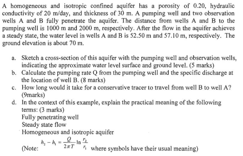 Solved A homogeneous and isotropic confined aquifer has a | Chegg.com