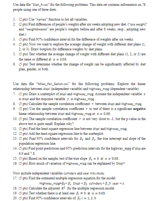 Use data file "Diet_R.csv" for the following | Chegg.com