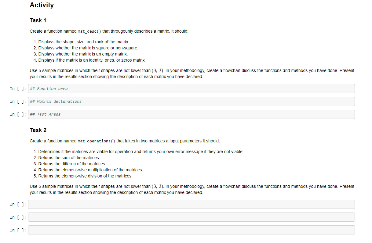 Solved Activity Task 1 Create a function named mat_desc) | Chegg.com