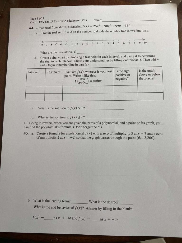 Solved Name Page 1 of 5 Math 112A Unit 3 Review Assignment | Chegg.com