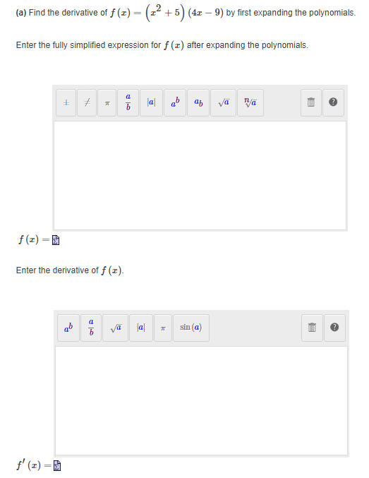 Solved (a) Find the derivative of f(x)=(x2+5)(4x−9) by first | Chegg.com