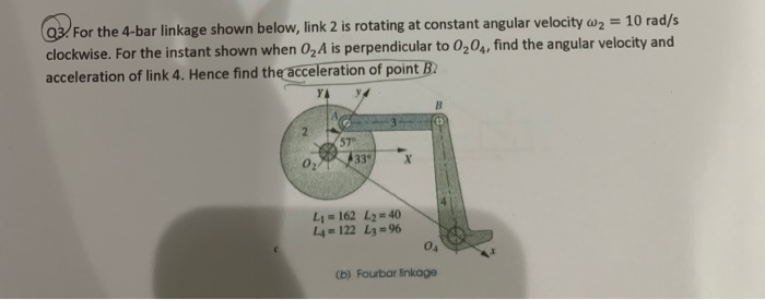Solved For the 4-bar linkage shown below, link 2 is rotating | Chegg.com