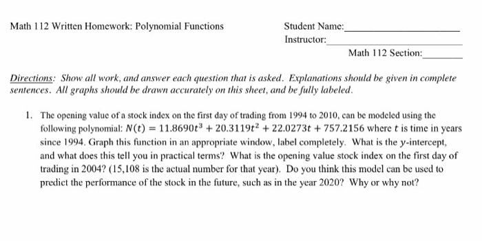 Solved Math 112 Written Homework: Polynomial Functions | Chegg.com