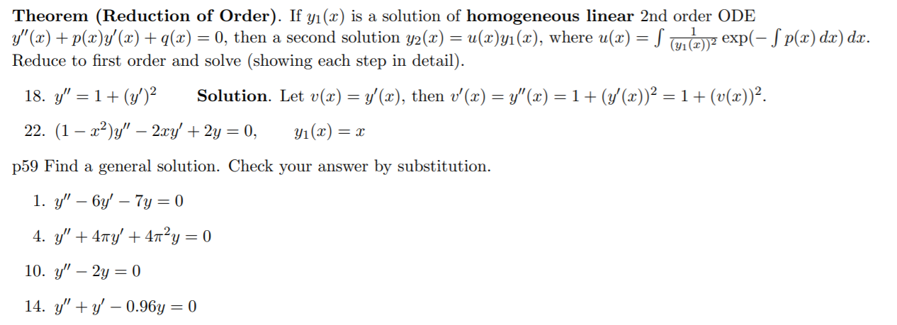 Solved Theorem (Reduction of Order). If yı(x) is a solution | Chegg.com
