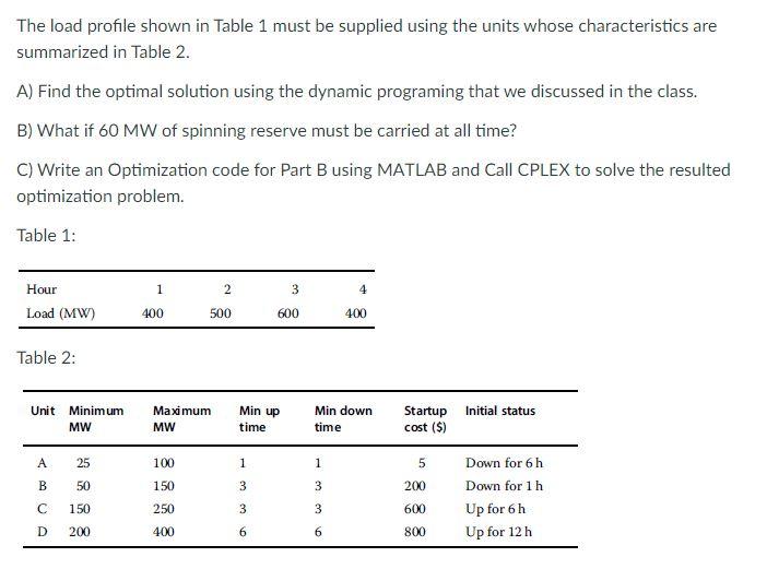 Solved The load profile shown in Table 1 must be supplied | Chegg.com
