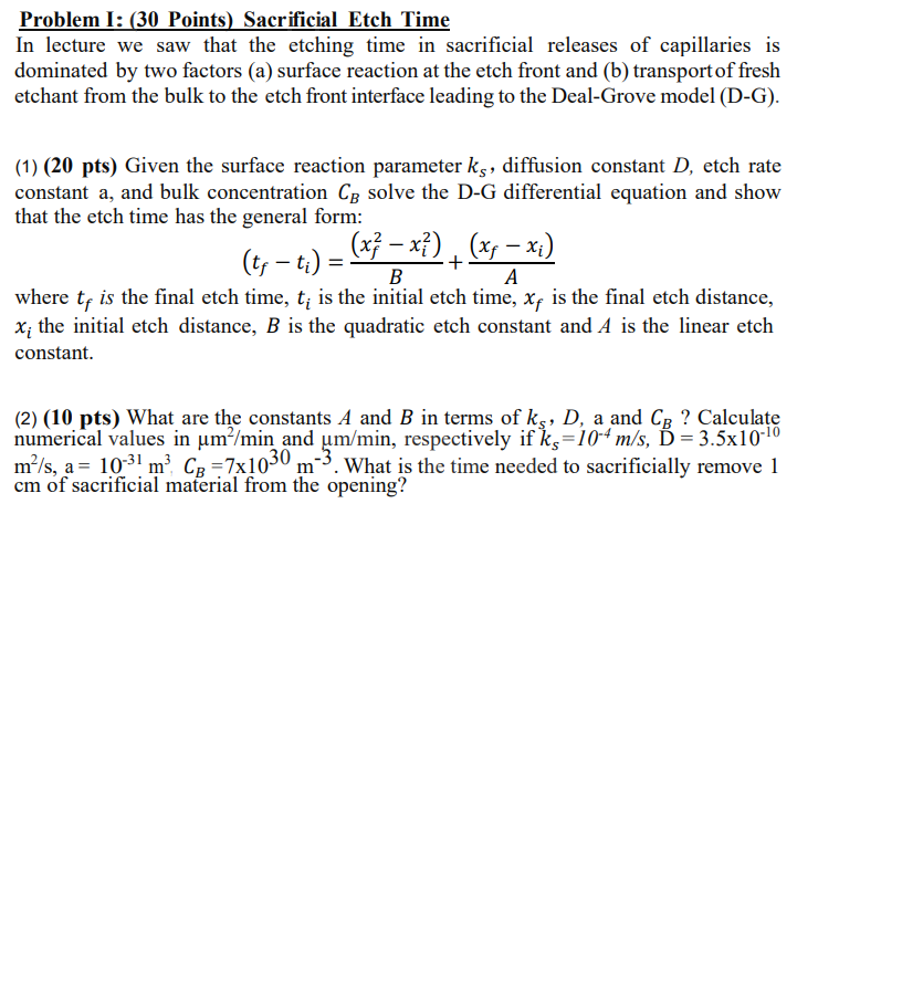 Solved Problem I: (30 Points) Sacrificial Etch Time In | Chegg.com