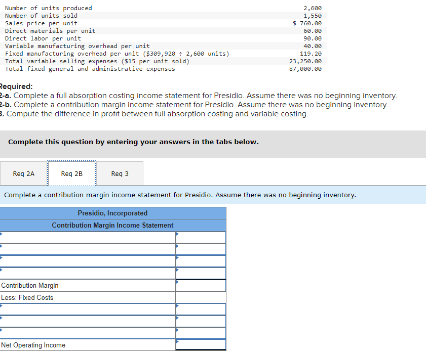 Solved -a. Complete a full absorption costing income | Chegg.com
