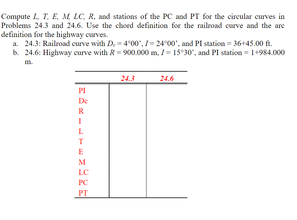Solved Compute L,T,E,M,LC,R, and stations of the PC and PT | Chegg.com