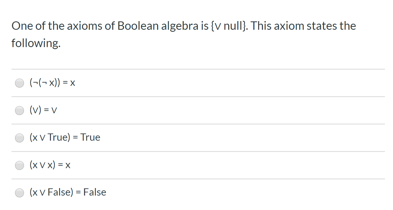 Solved One of the axioms of Boolean algebra is {v null}. | Chegg.com