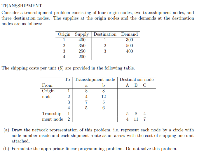 Solved TRANSSHIPMENT Consider a transshipment problem | Chegg.com