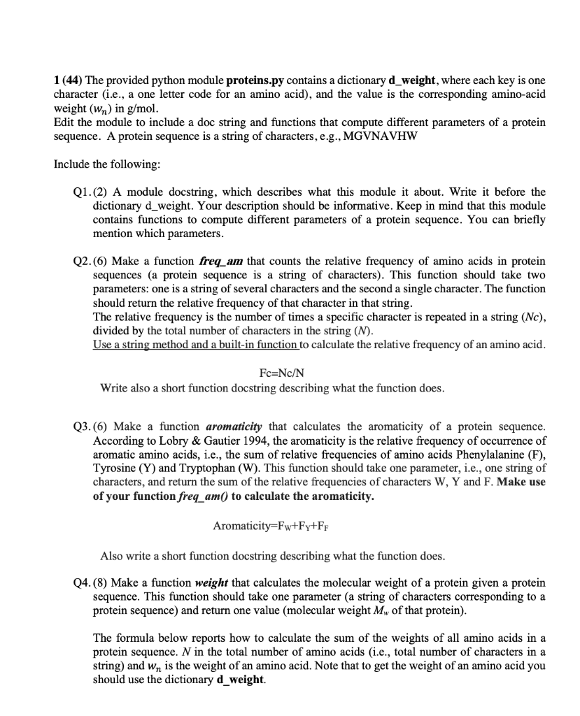 1 (44) The provided python module proteins.py | Chegg.com