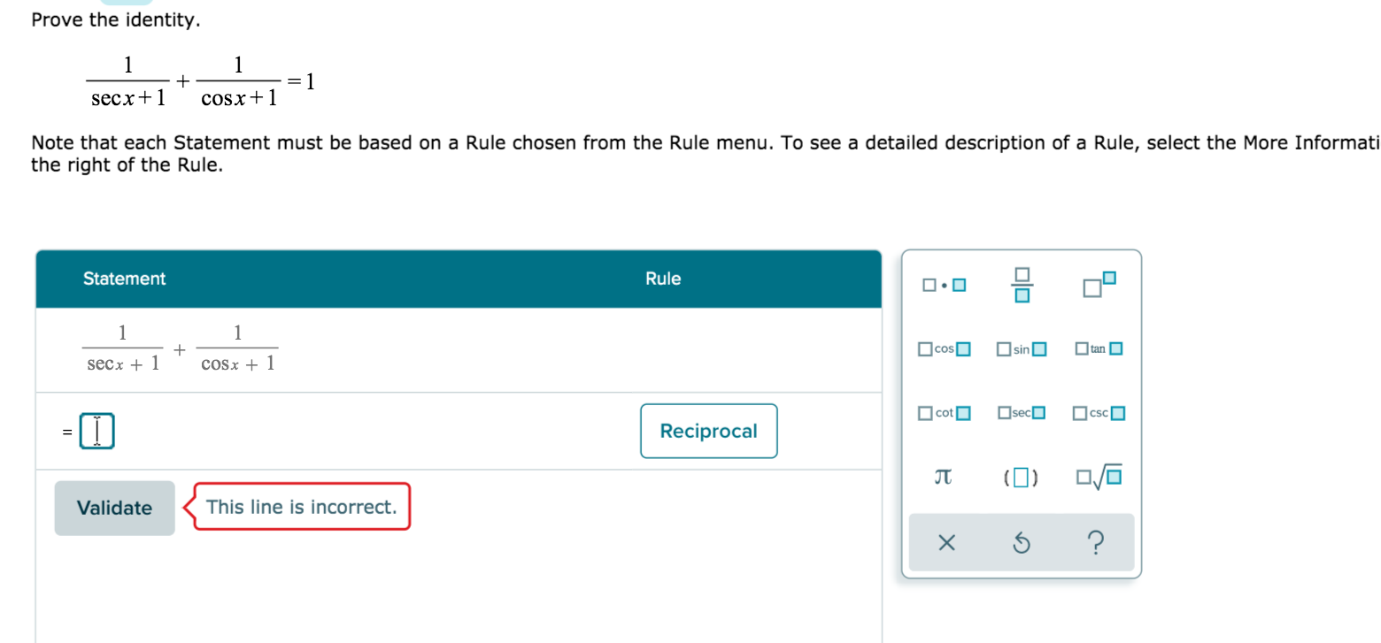 Solved Prove the identity. 1 1 + = 1 secx + 1 cosx+1 Note | Chegg.com Solved Prove the identity. 1 1 + = 1 secx + 1 cosx+1 Note | Chegg.com