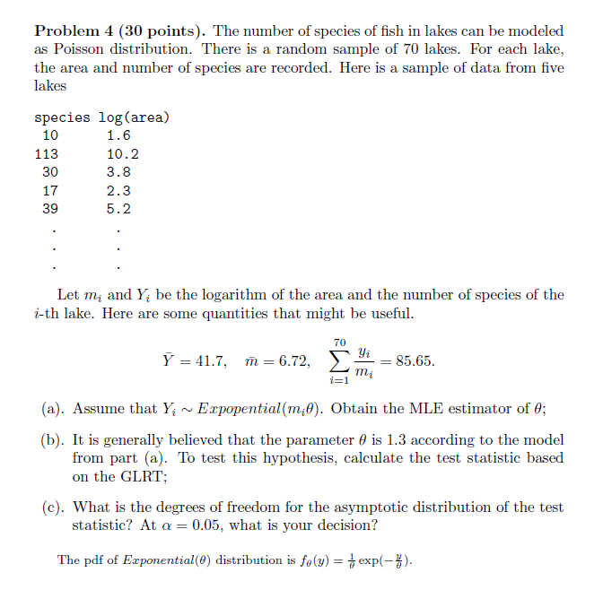 Problem 4 (30 points). The number of species of fish | Chegg.com