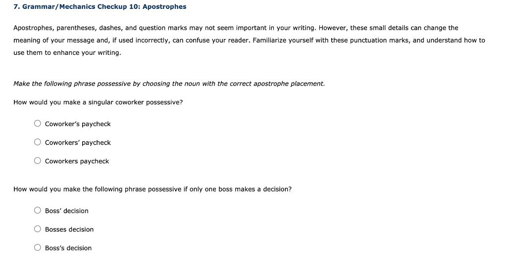 Solved 7. Grammar/Mechanics Checkup 10: Apostrophes | Chegg.com