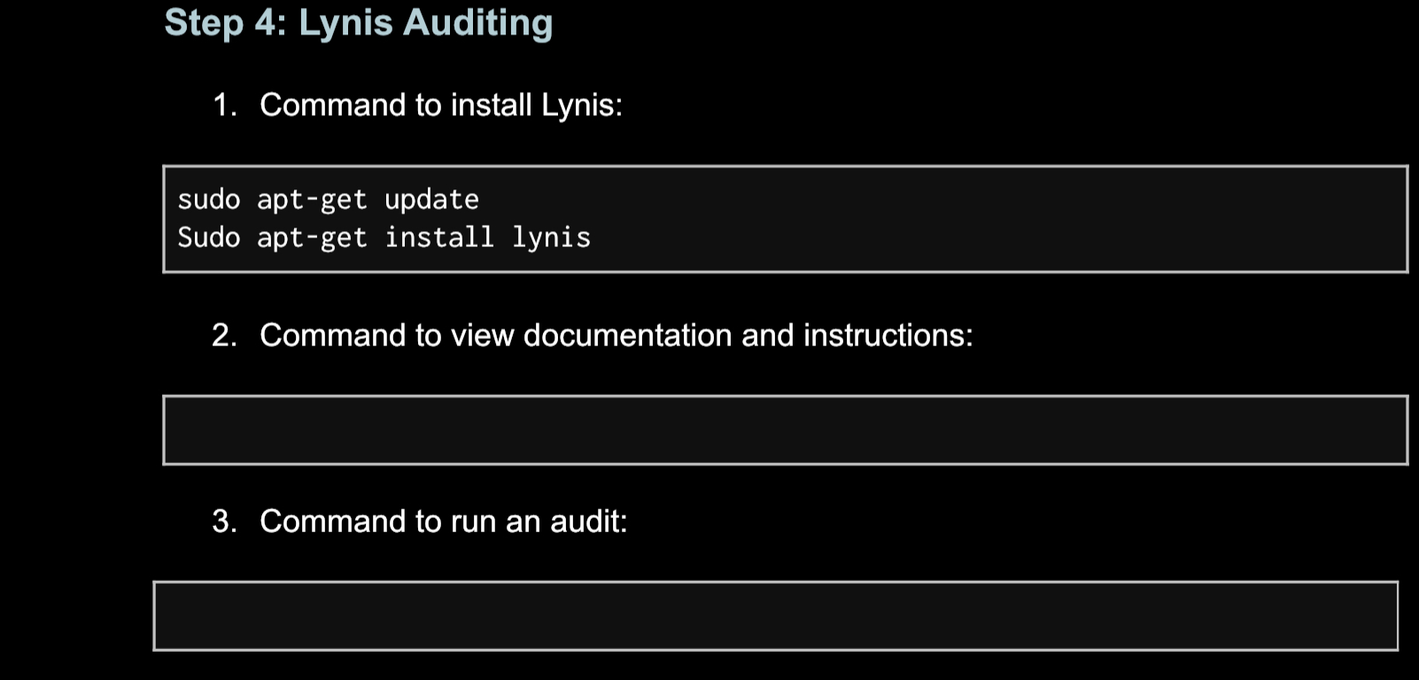 Solved Step 4: Lynis AuditingCommand to install | Chegg.com