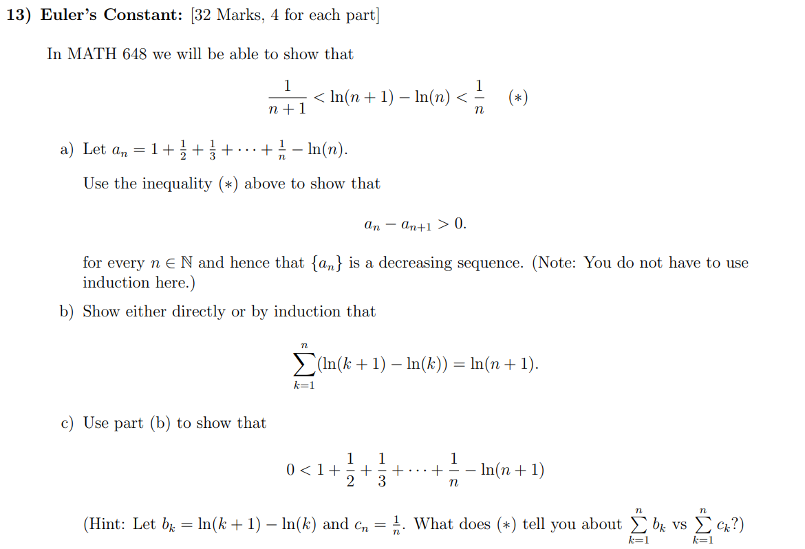 Solved 3) Euler's Constant: [32 Marks, 4 for each part] In | Chegg.com
