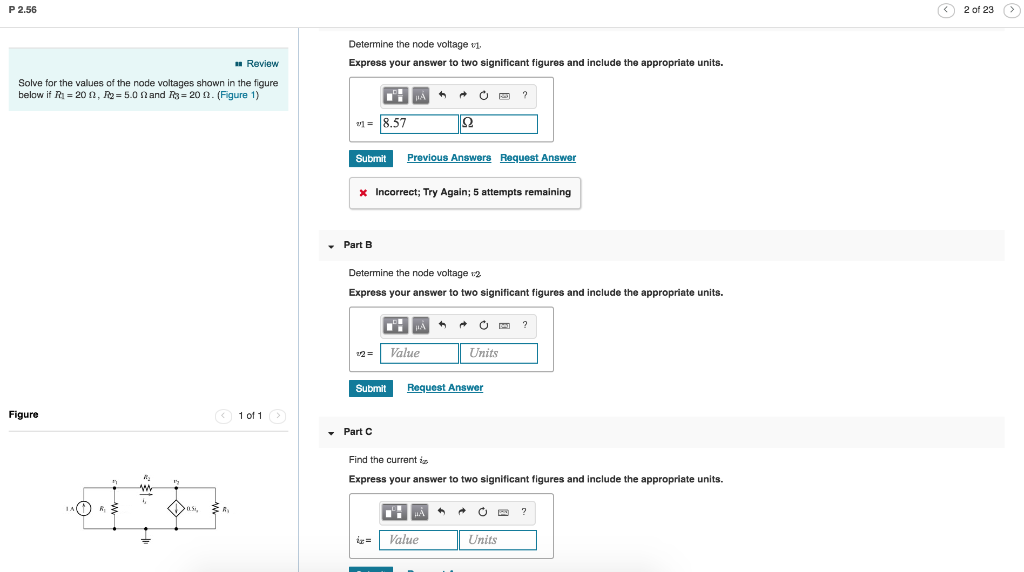 Solved P 2.56 2 of 23 Determine the node voltage v1. Express | Chegg.com