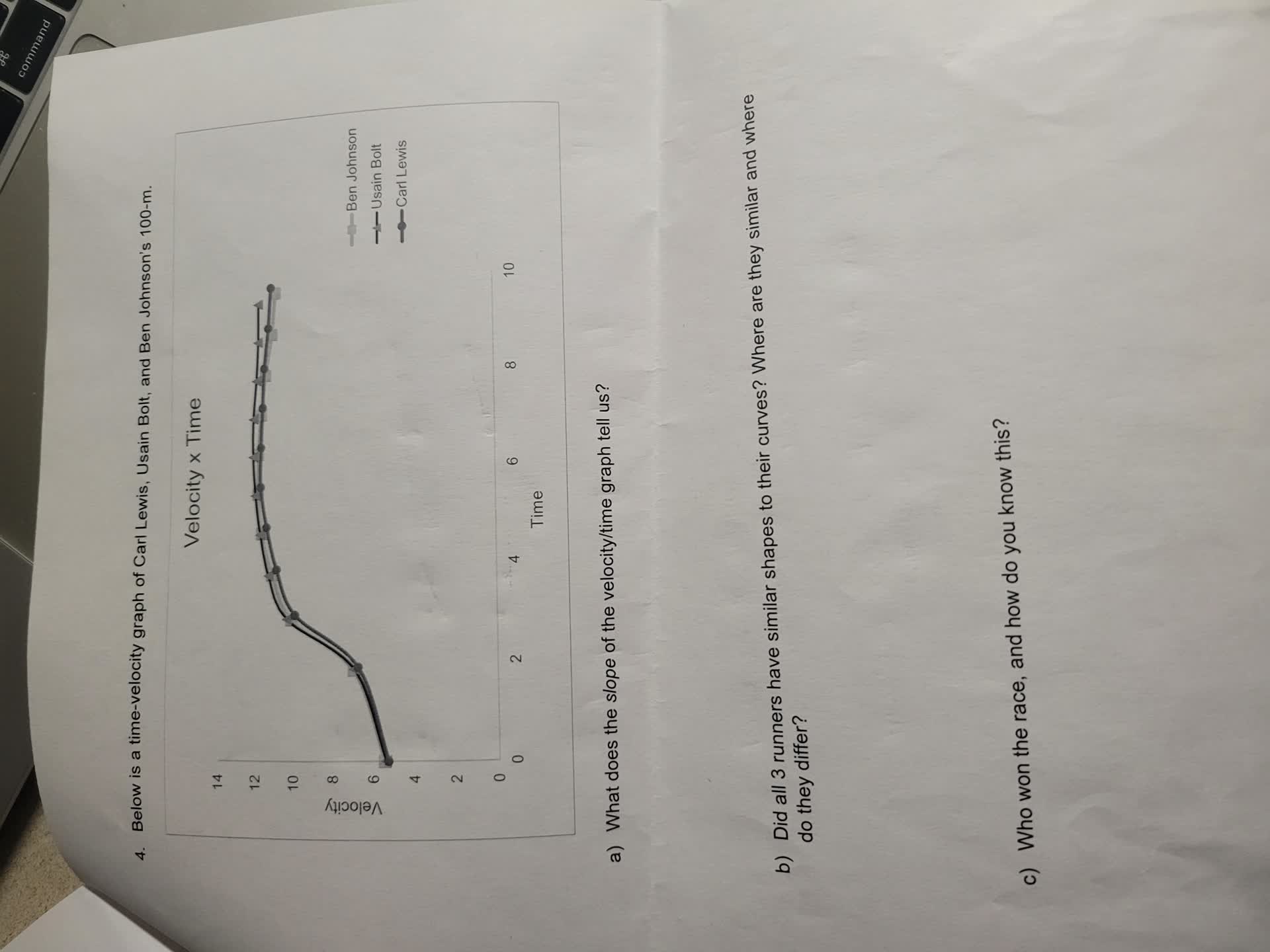 Solved 4. Below is a time-velocity graph of Carl Lewis, | Chegg.com