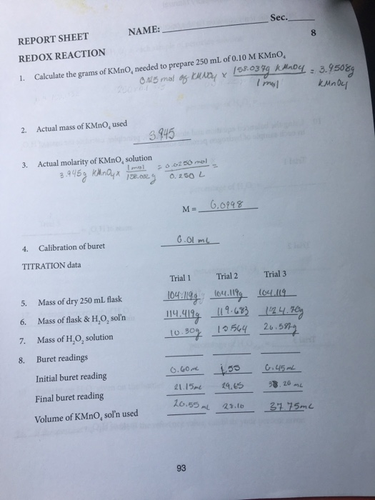 Solved Sec. NAME: REPORT SHEET 8 REDOX REACTION Calculate | Chegg.com