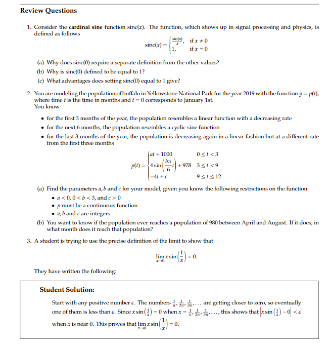 Solved Review Questions sin(x) 1. Consider the cardinal sine | Chegg.com