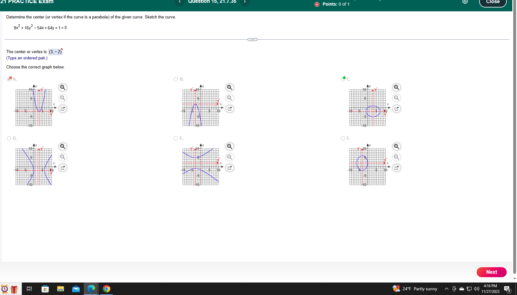 Solved Determine the center (or vertex if the curve is a | Chegg.com