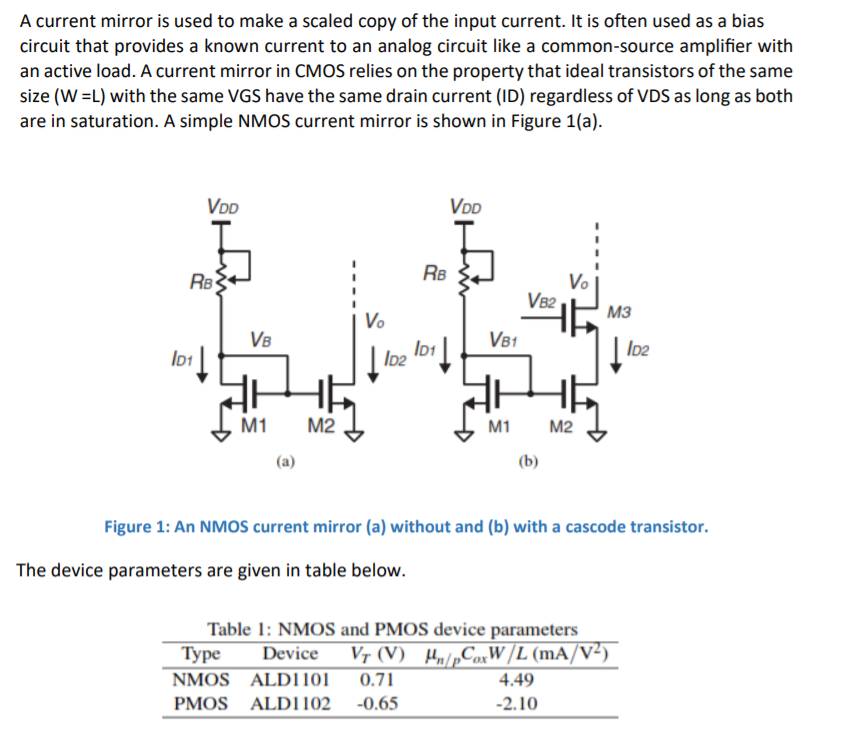 Solved Table 1: NMOS and PMOS device parameters Type Device | Chegg.com