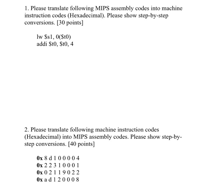 Solved 1. Please translate following MIPS assembly codes | Chegg.com