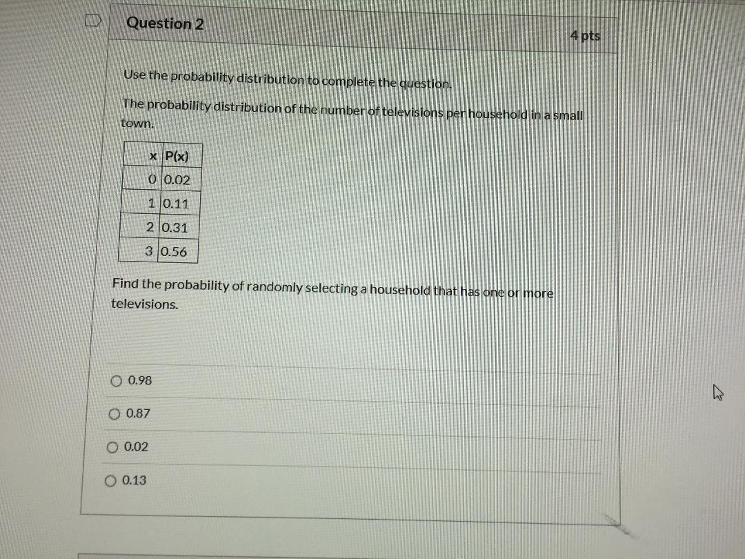 Solved LED Question 2 4 pts Use the probability distribution | Chegg.com