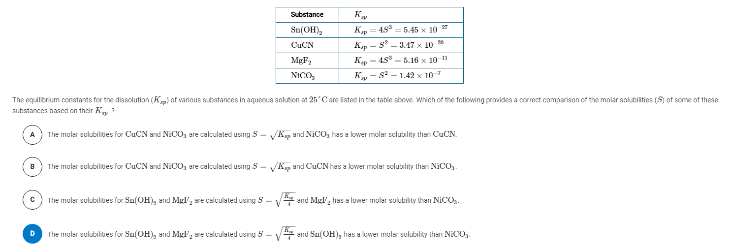 Solved Substance Sn(OH)2 CuCN MgF2 NiCO3 Ksp Ksp = 453 = | Chegg.com