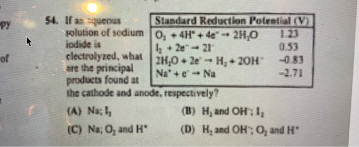 Solved Standard Reduction Potential (V) O2 +4H+ 4e 2H,O I | Chegg.com