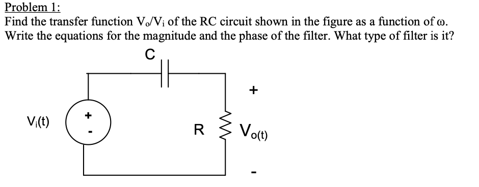 Solved Problem 1: Find the transfer function V/V¡ of the RC | Chegg.com