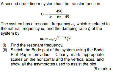 Solved G A second order linear system has the transfer | Chegg.com