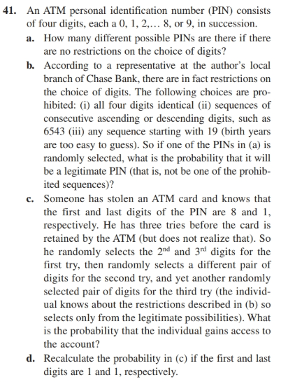 Solved 41. An ATM personal identification number (PIN) | Chegg.com