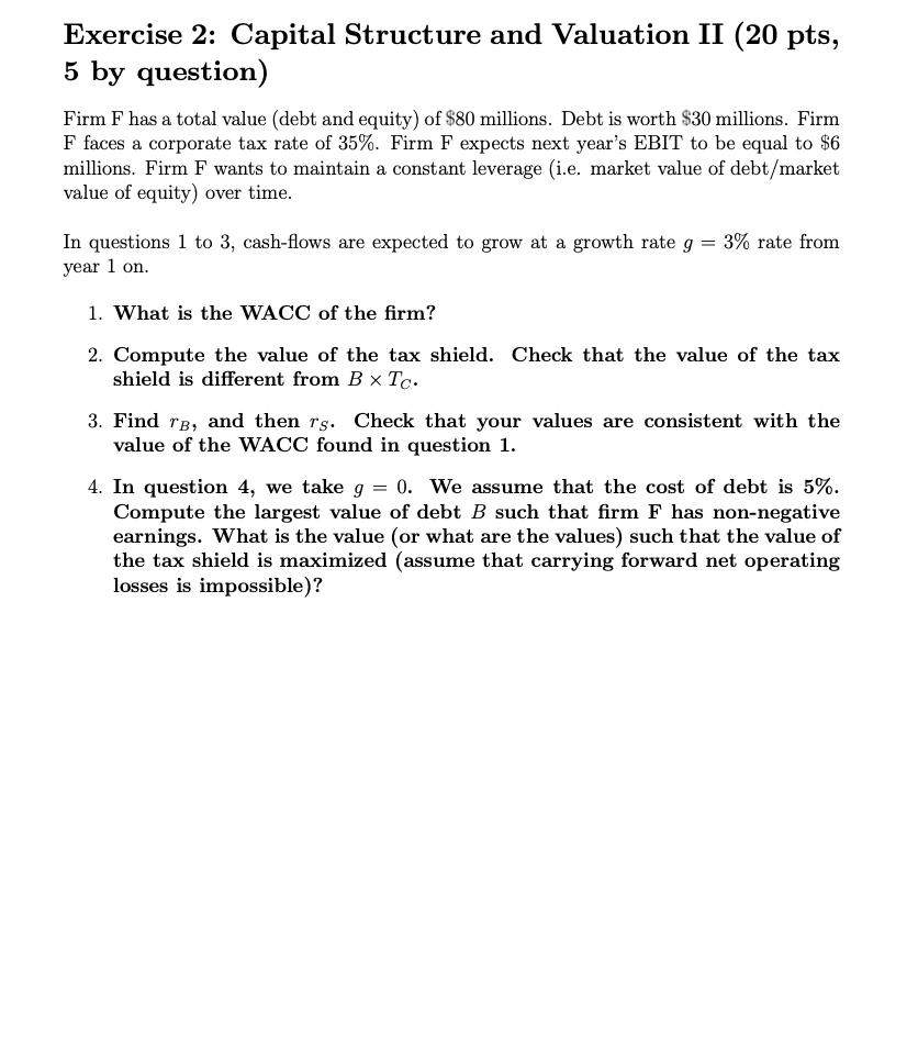 Exercise 2: Capital Structure and Valuation II (20 | Chegg.com