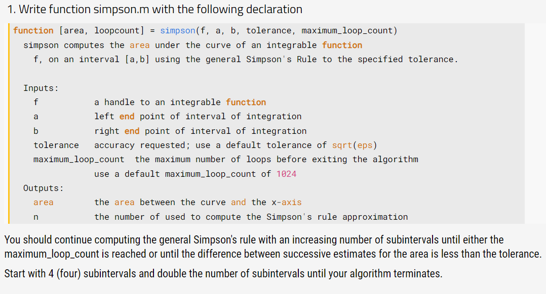 1. Write function simpson.m with the following | Chegg.com