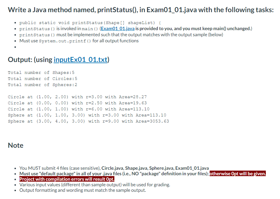 Solved Write a Java abstract class named, Shape, with the | Chegg.com