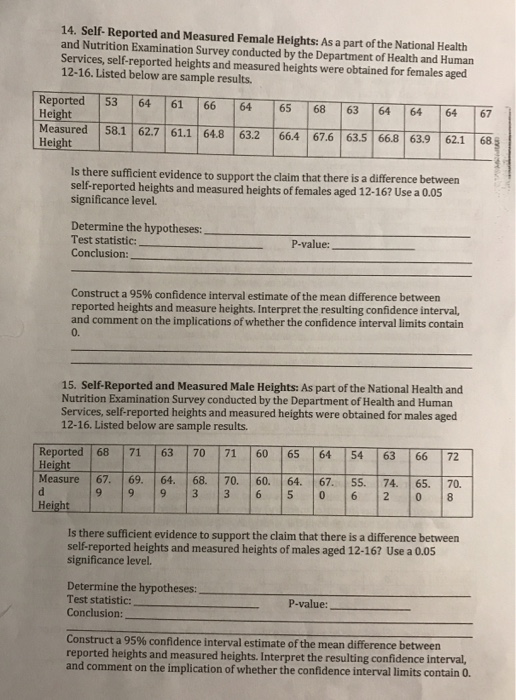 Solved 14. Self- Reported and Measured Female Heights: As a | Chegg.com
