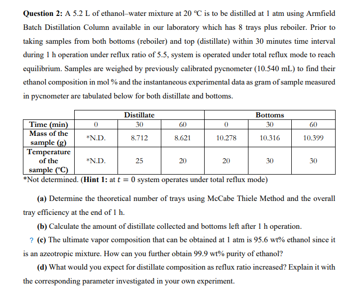 A 5.2 ﻿L of ethanol–water mixture at 20 ﻿oC is to be | Chegg.com