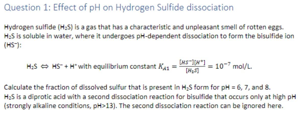 Solved Question 1: Effect of pH on Hydrogen Sulfide | Chegg.com
