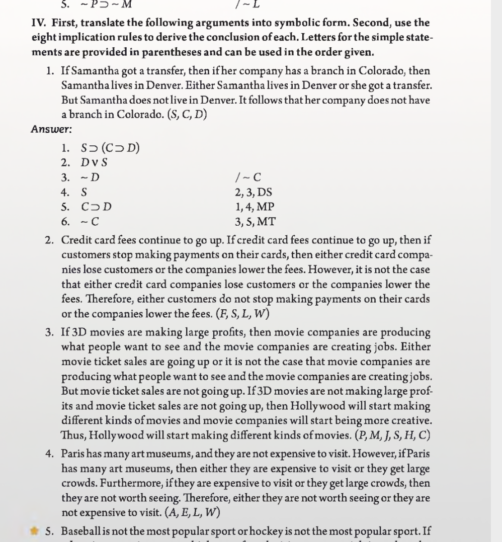 Solved S. -P-M IV. First, translate the following arguments | Chegg.com