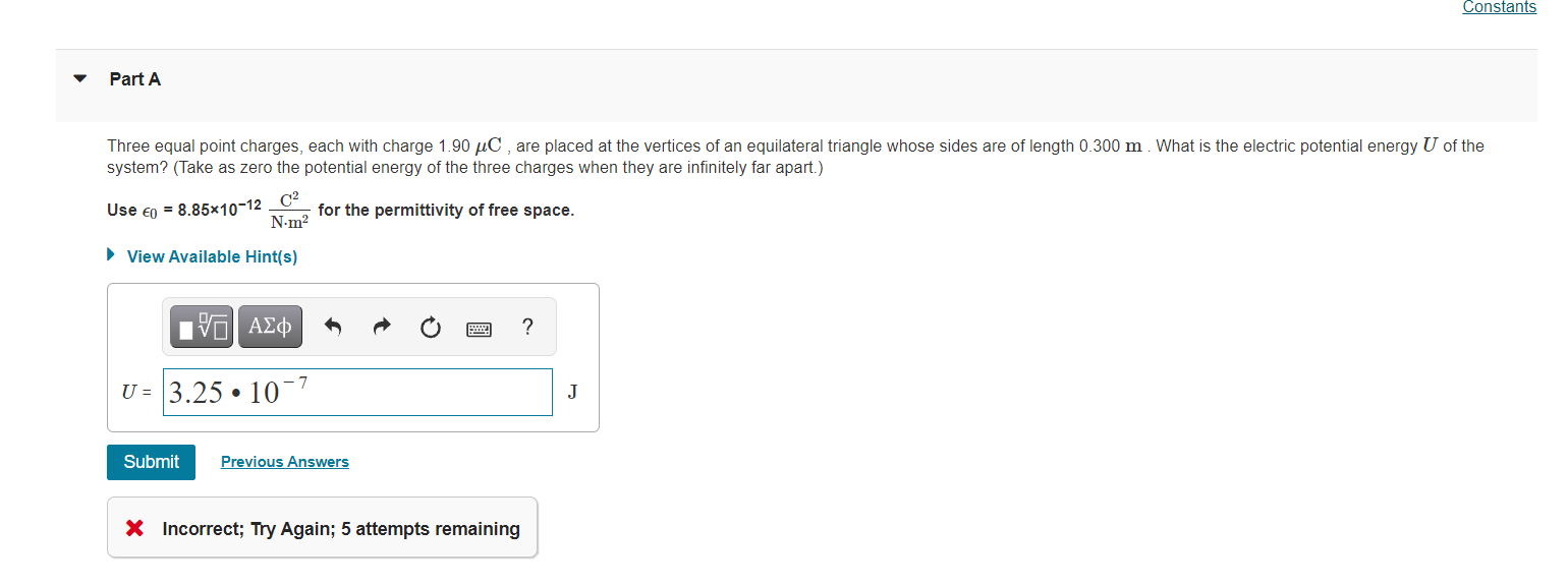 Solved Constants Part A Three equal point charges, each with | Chegg.com