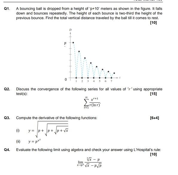 Solved Q1 A bouncing ball is dropped from a height of p+10 | Chegg.com