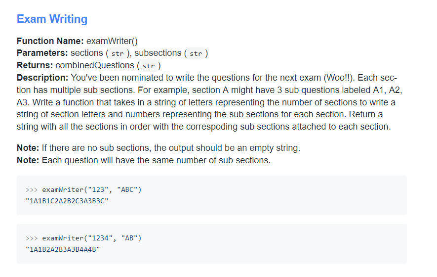 Solved Exam Writing Function Name: examWriter() Parameters: | Chegg.com